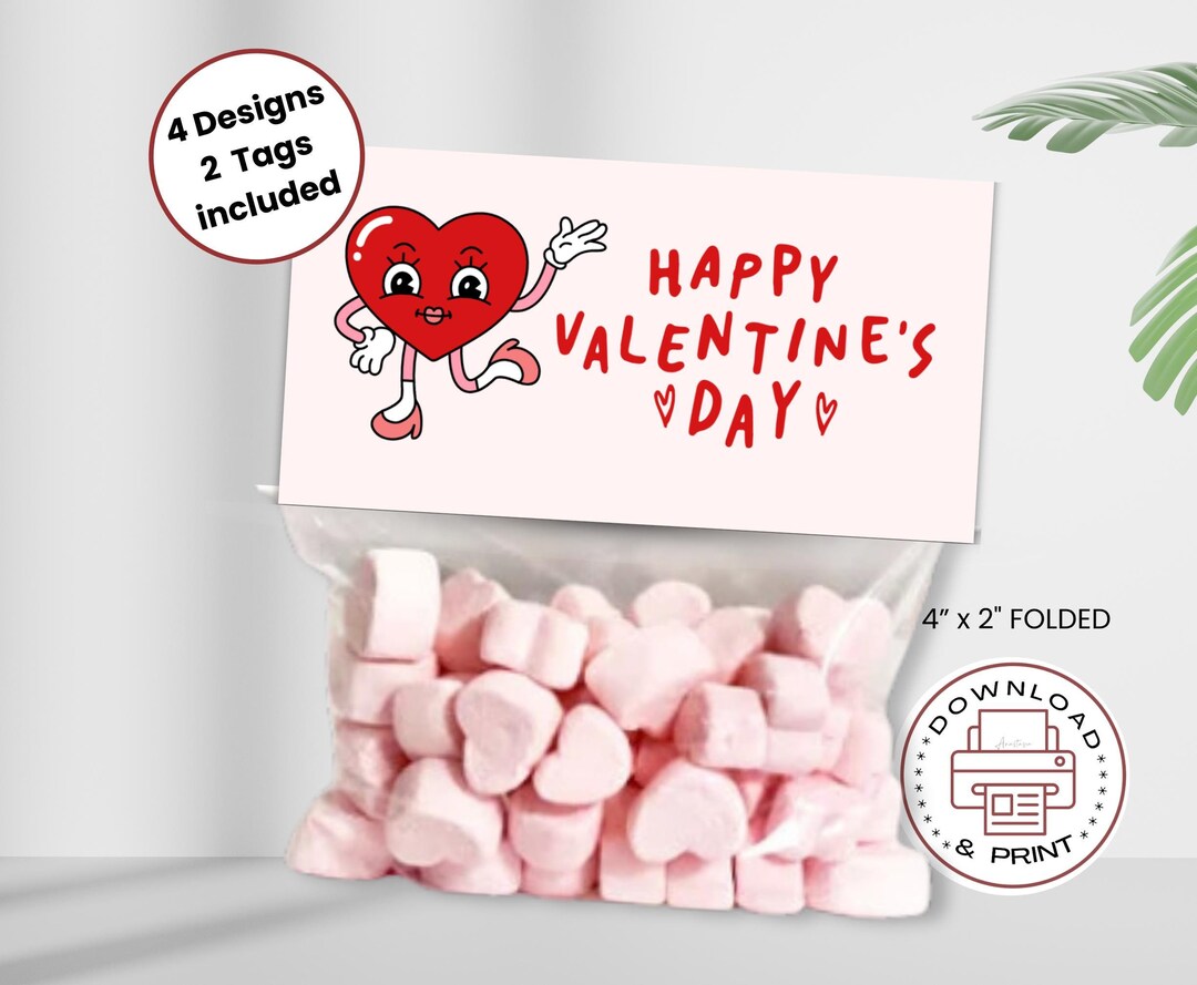 Valentine's Day Treat Bag Toppers, Cartoon Heart, School Favors ...