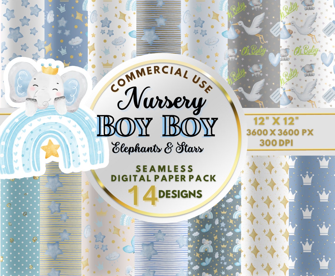 Nursery Baby Boy Elephants Rainbows Digital Paper Pack, Backgrounds ...