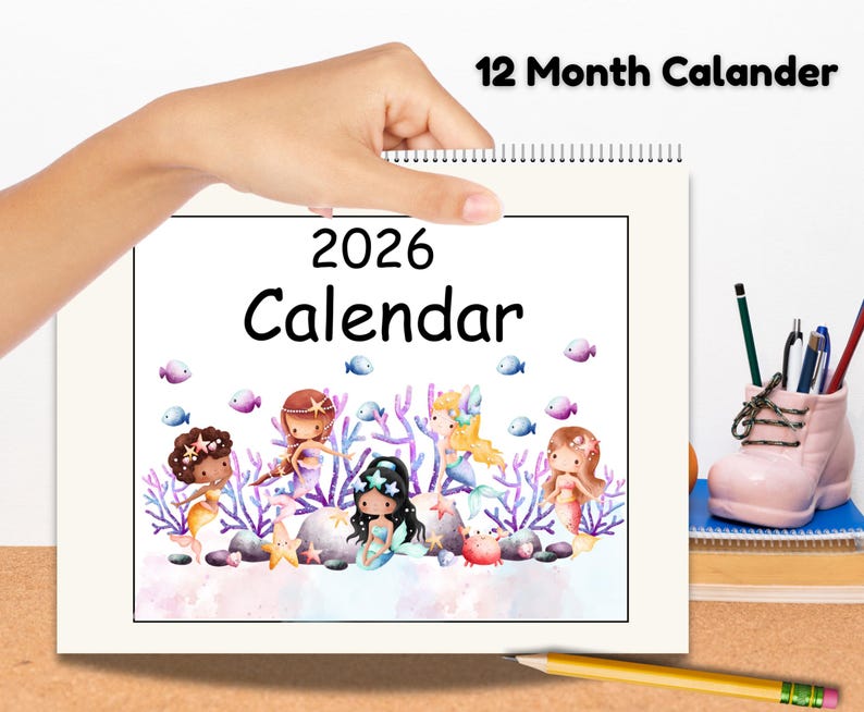 2026 Kids Mermaid Calendar: Watercolor Planner (PDF Download) - Etsy
