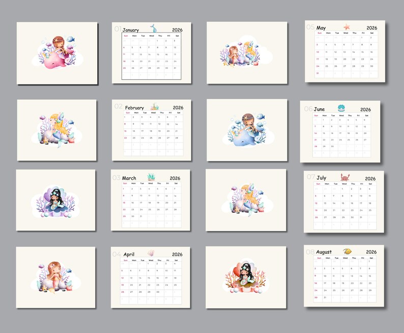 2026 Kids Mermaid Calendar: Watercolor Planner (PDF Download) - Etsy