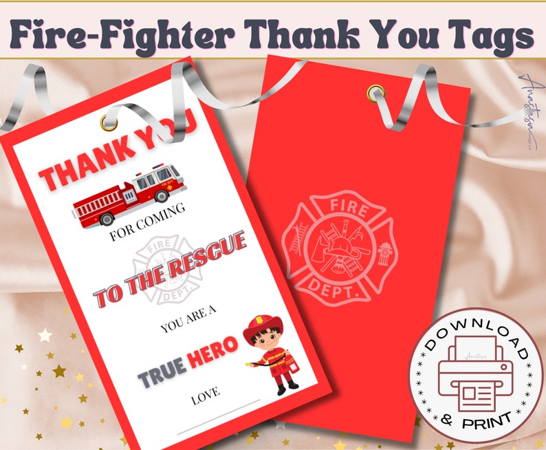 Fire Fighter Birthday Thank You Gift Tags, Fire Truck Favor Tags ...