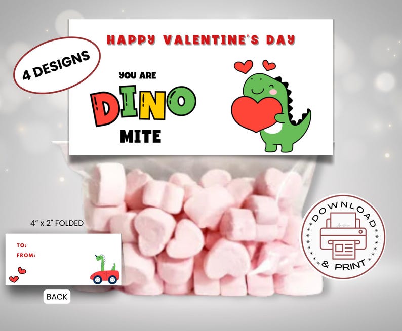 Dino-mite Valentine Treat Bag Toppers: School Favor Cards (printable ...