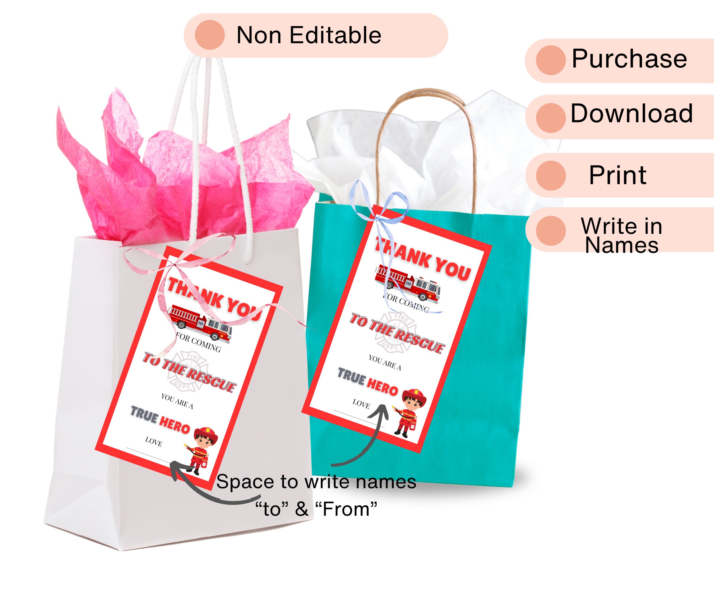 Fire Fighter Birthday Thank You Gift Tags, Fire Truck Favor Tags ...