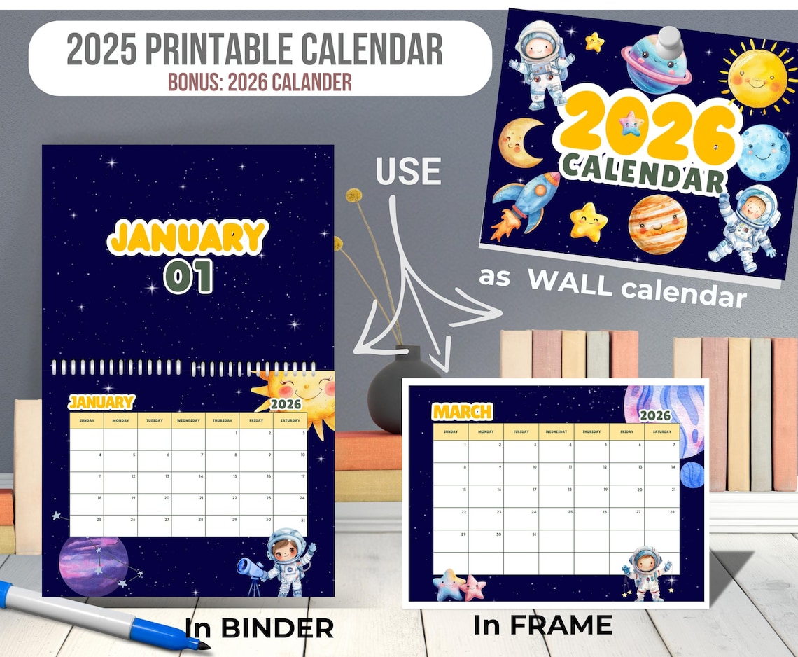 2026 Galaxy Calendar: Cartoon Space Theme, Weekly Planner (PDF Download ...