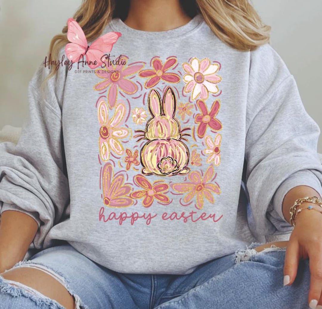 Happy Easter Floral Bunny, Floral Bunny, Pink Bunny, DTF Print, Ready ...