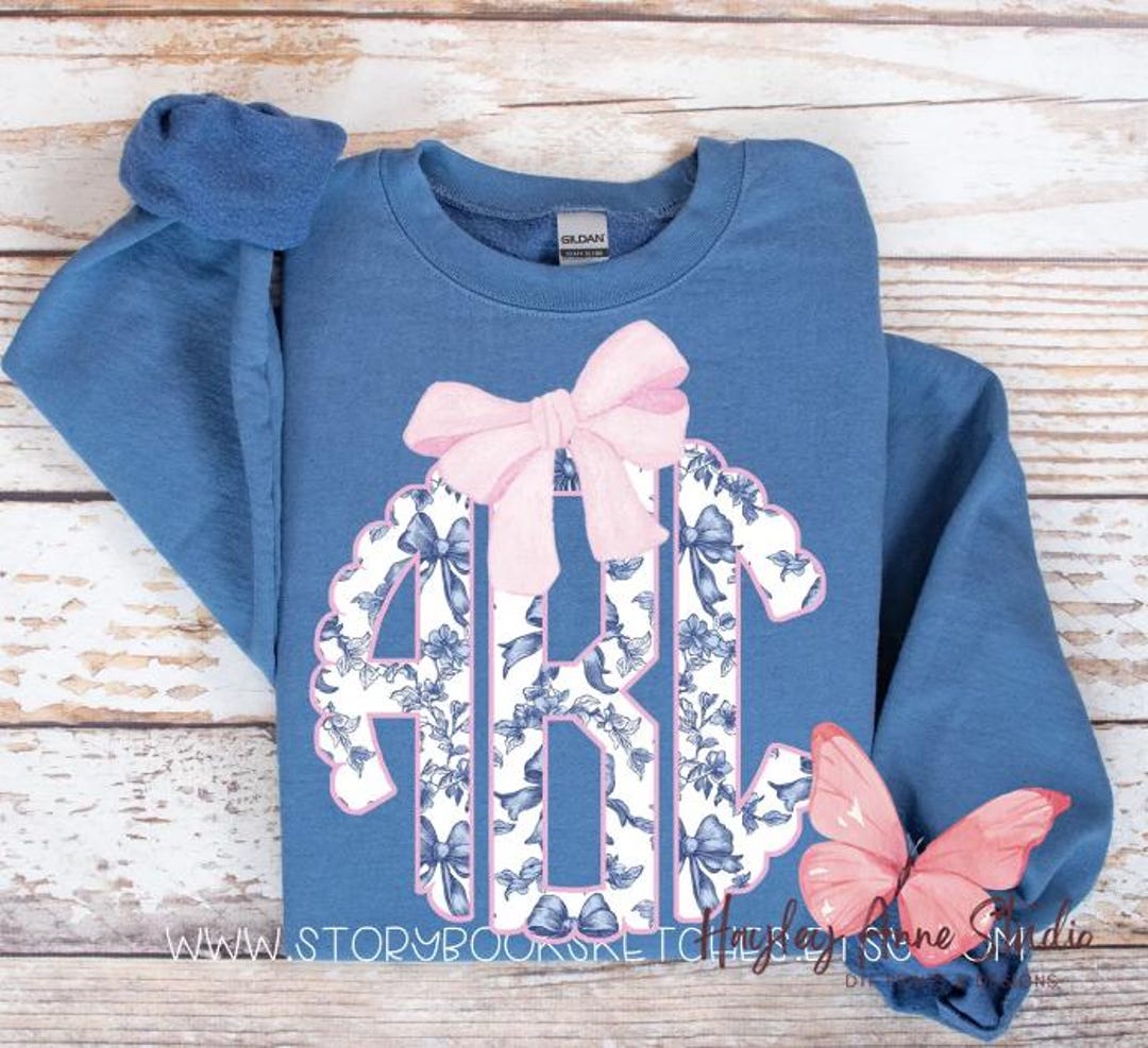 Custom Blue Ribbon and Roses Monogram, Girly, Bow, Blue Toile, Pink Bow ...
