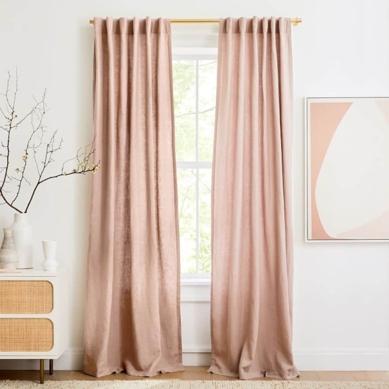Dusty Blush Linen Curtain Extra Long Two Panels Solid Farmhouse Pink ...
