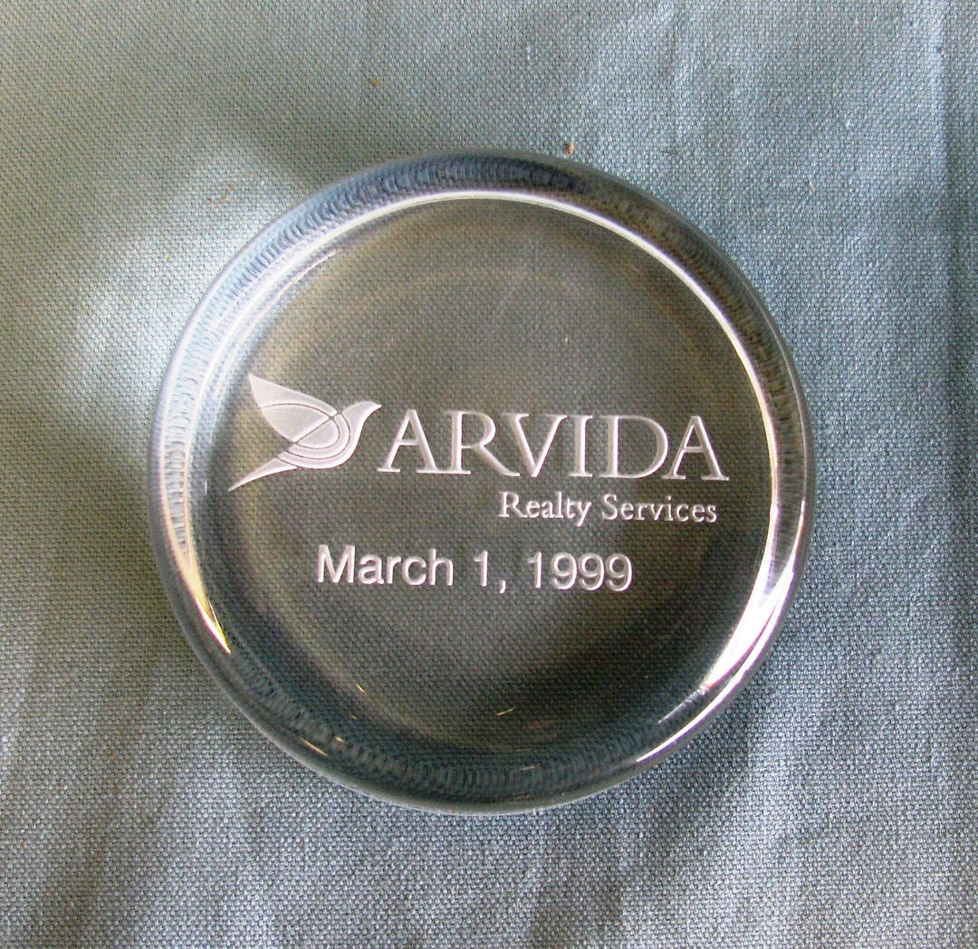 Arvida Realty Services Glass Paperweight: Etched Logo, March 1, 1999 - Etsy
