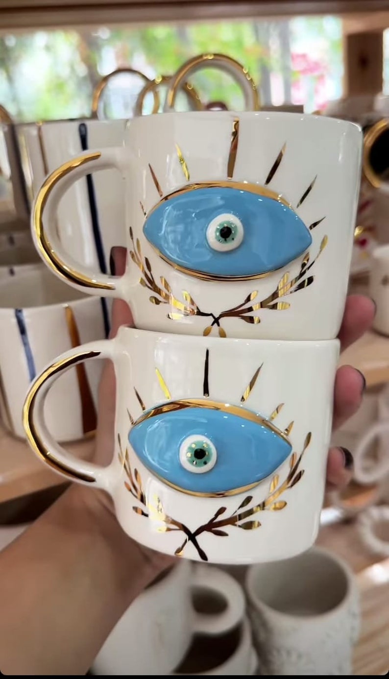 READY TO SHIP Coffee Tea Mug 24K Real Gold, Evil Eye Mug Ceramic Mug ...