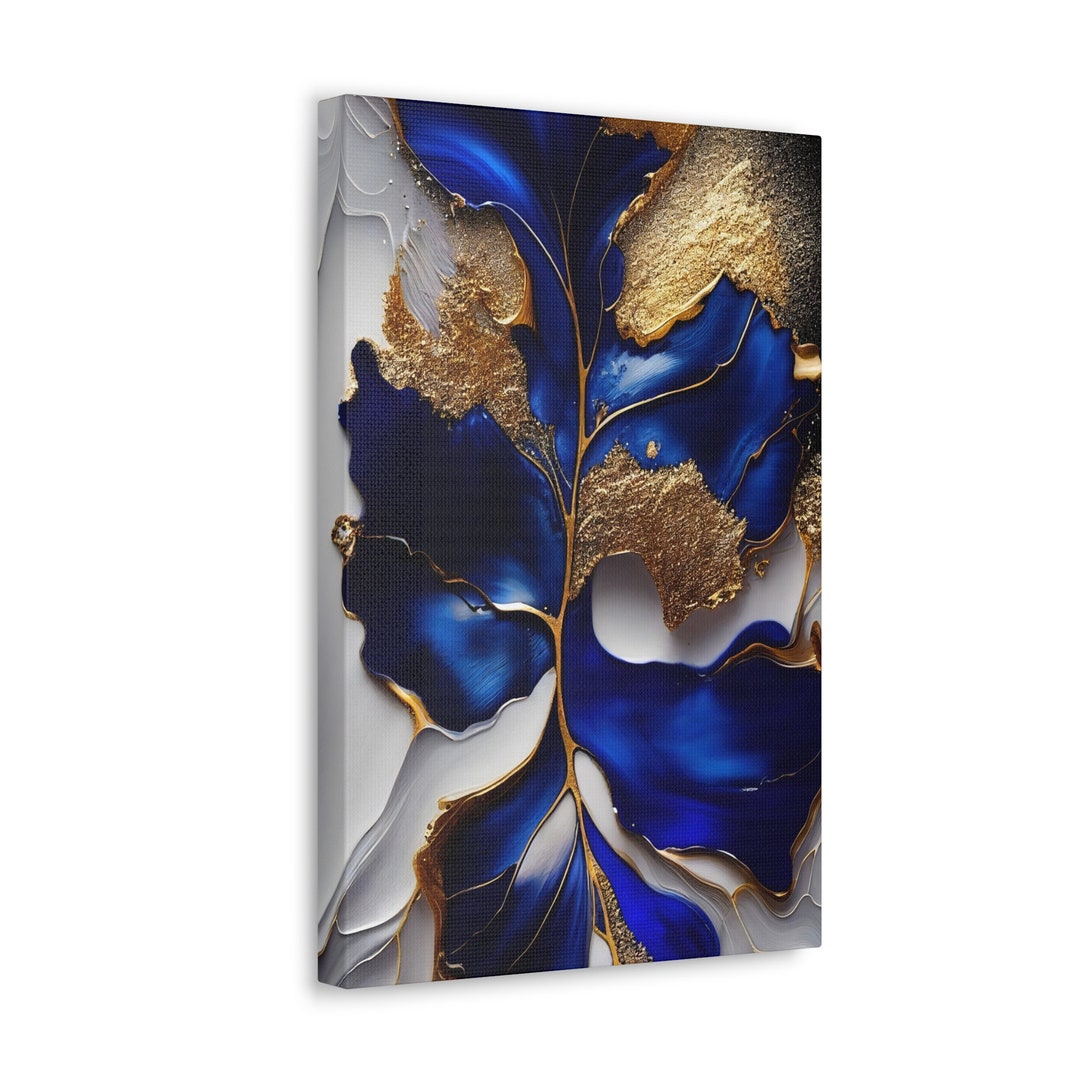 Blue Gold Leaf Canvas Fluid Art Print, Luxury Abstract Canvas Painting ...