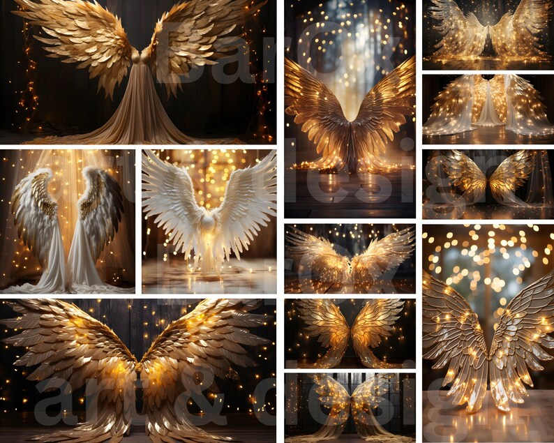 Gold Angel Wings Digital Backdrops, Bokeh Lights Overlays for Photoshop ...