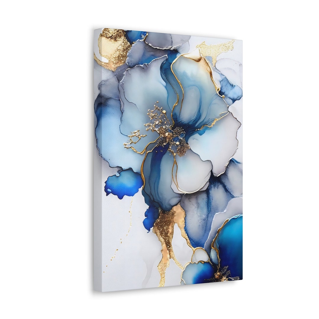 Blue Gold Flower Canvas Fluid Art Print, Luxury Abstract Canvas Painting, Modern Wall Decor ...