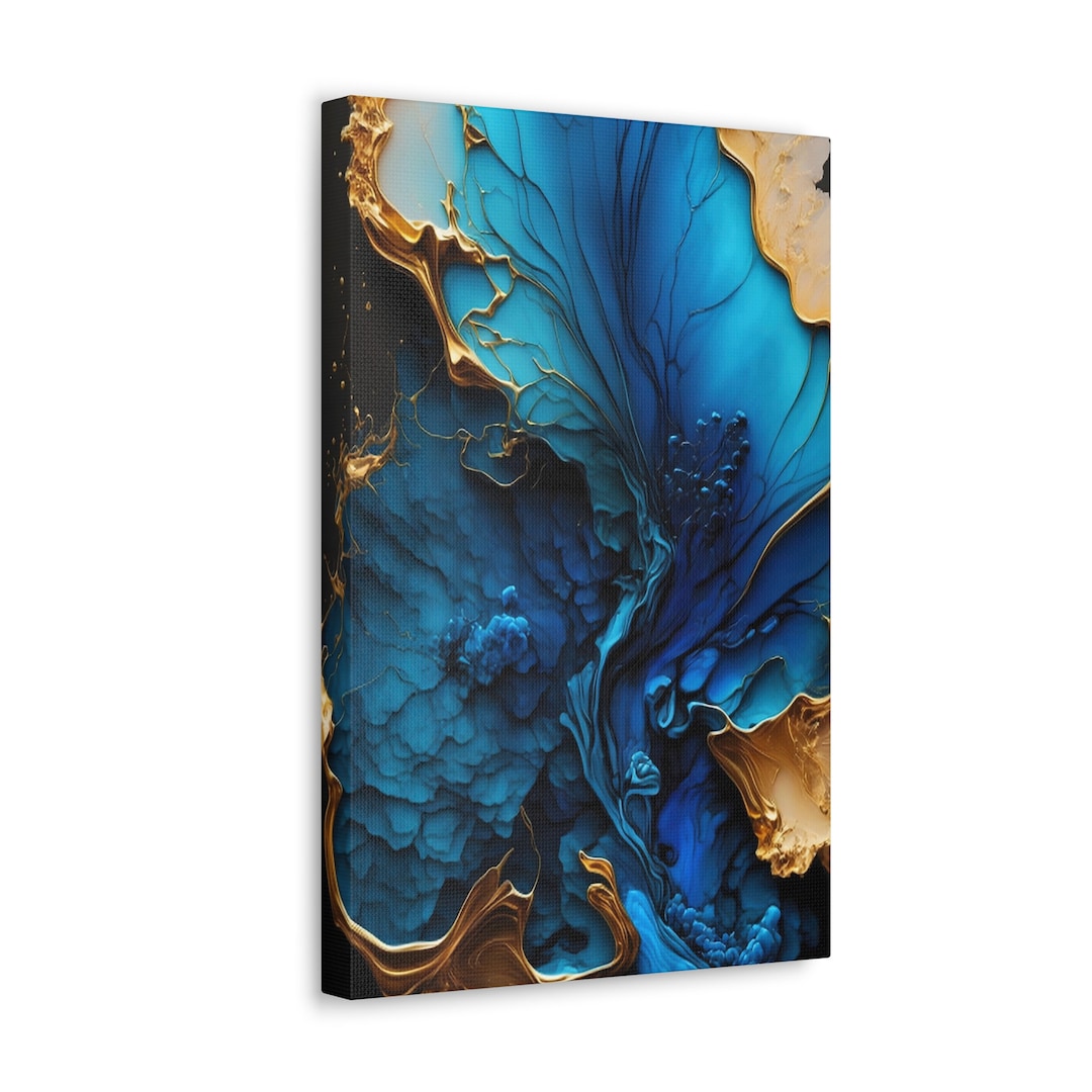 Blue Gold Leaf Flower Canvas Fluid Art Print, Luxury Abstract Canvas ...