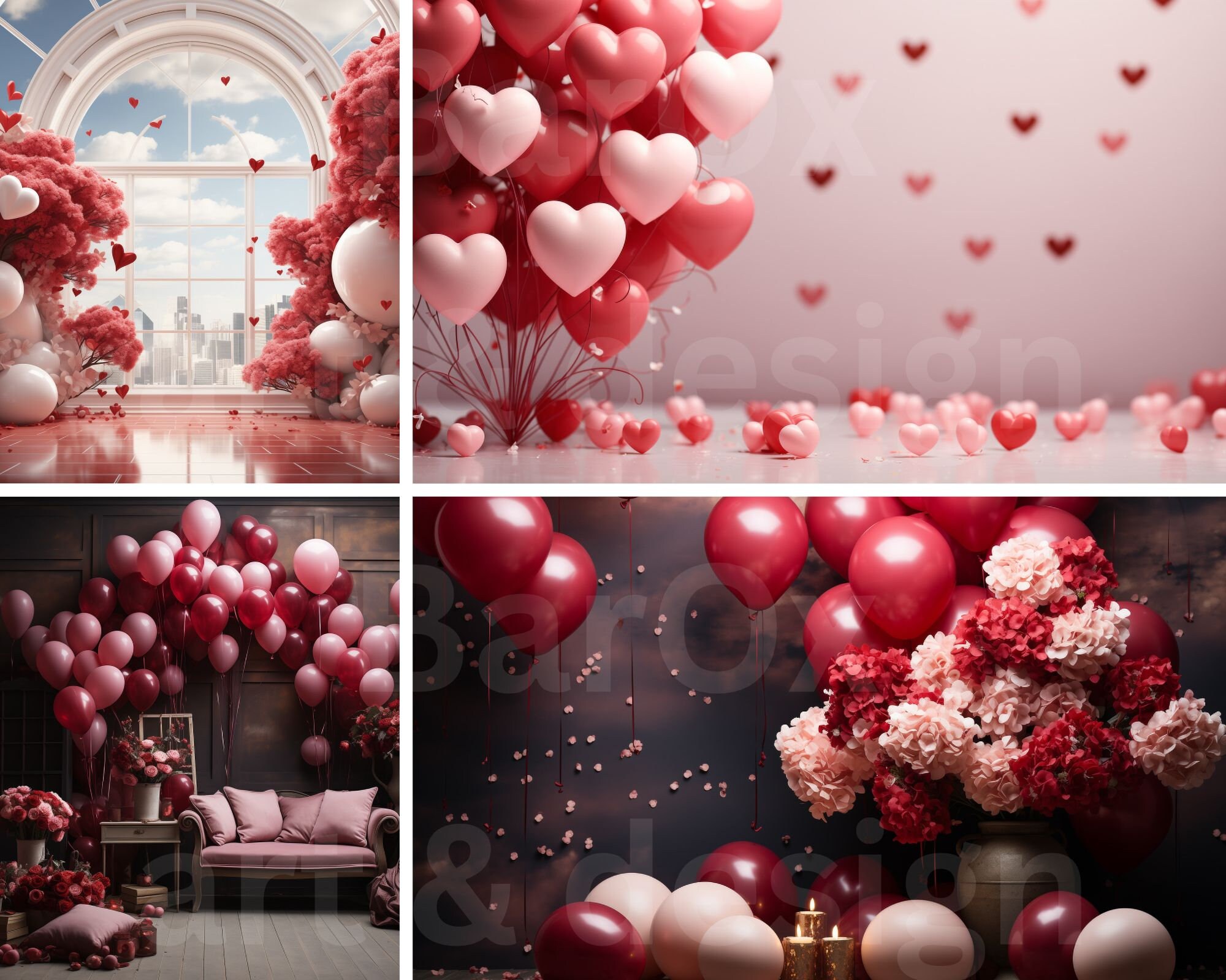 Pink Heart Balloons Backdrop, Red Heart Bokeh Overlay, Valentine ...