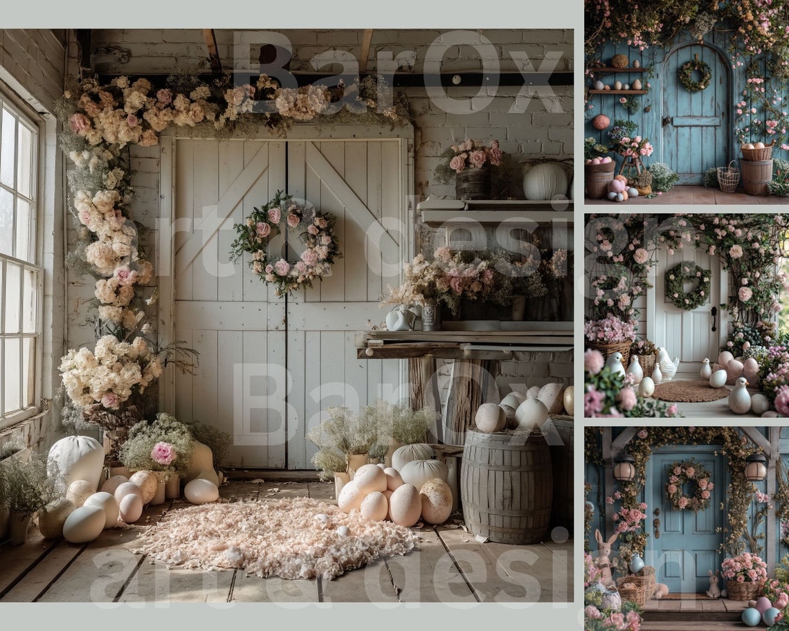 Easter Floral Door Digital Backdrop, Easter Family Photography, Easter ...