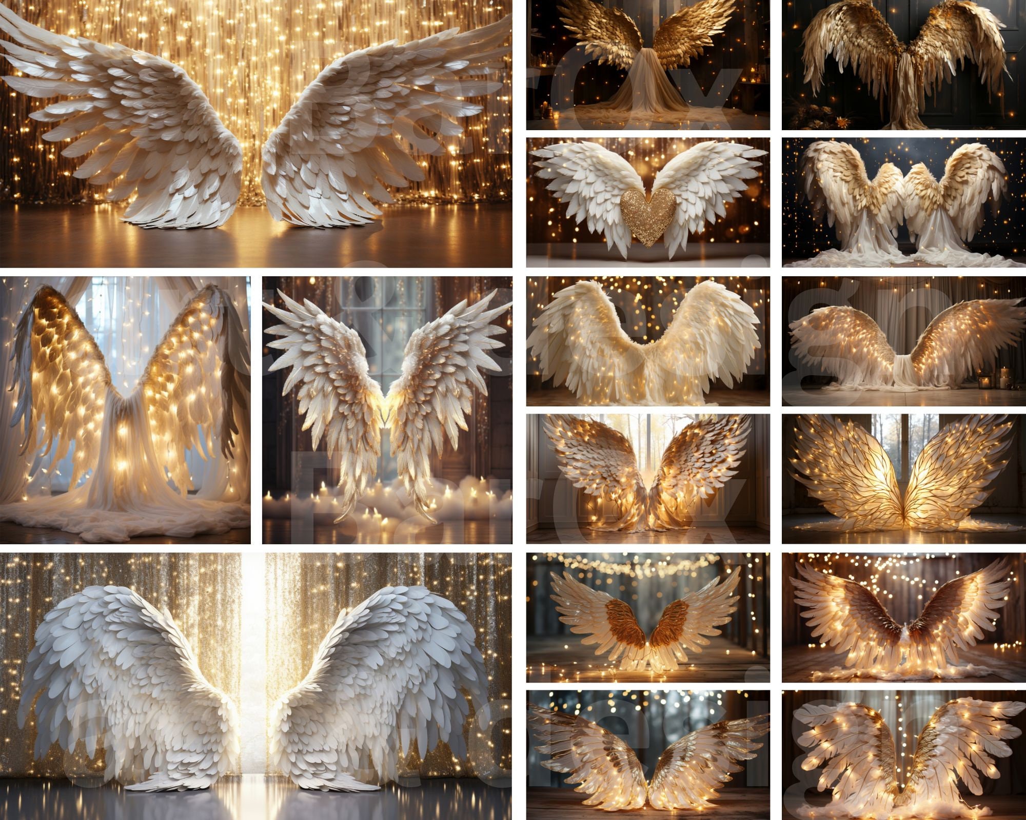 Gold Angel Wings Digital Backdrops, Bokeh Lights Overlays for Photoshop ...