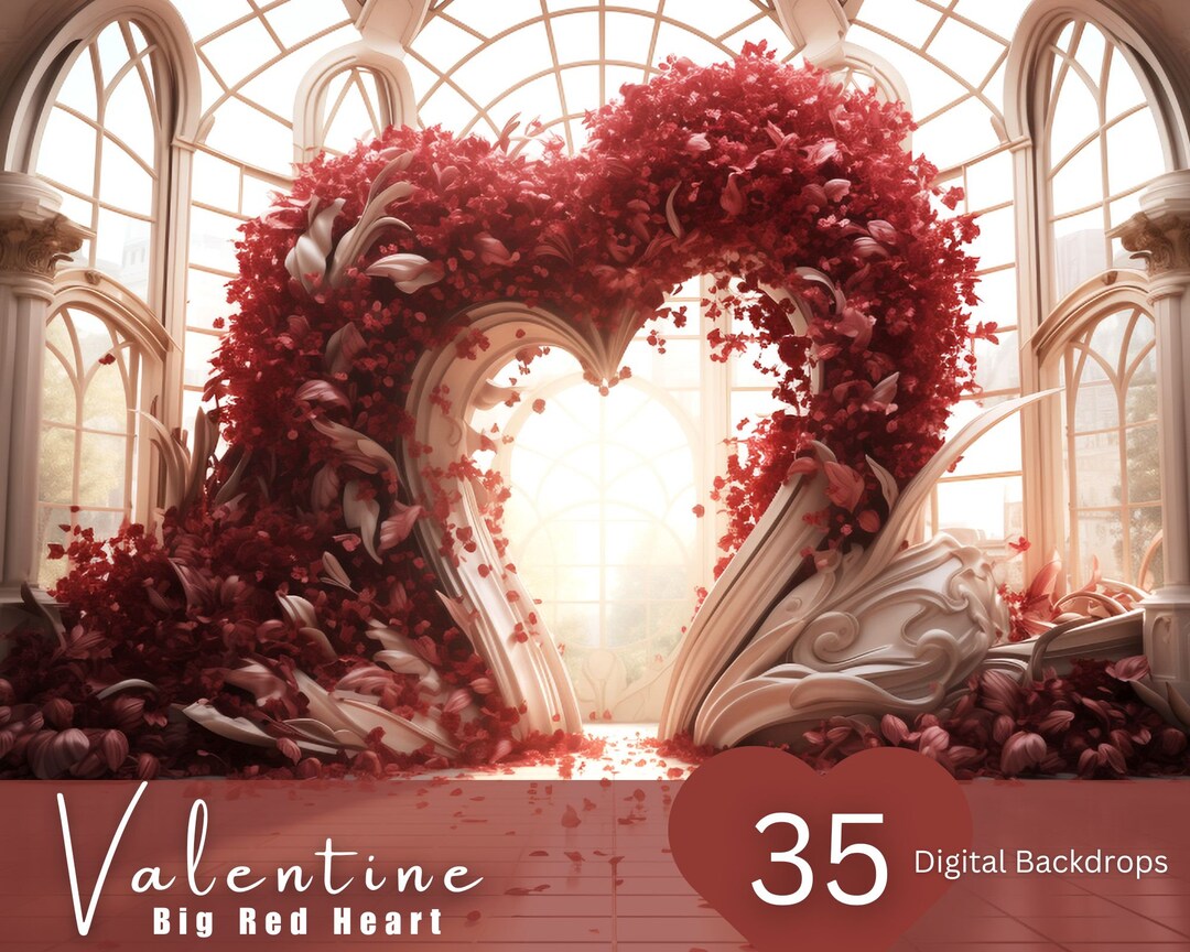 Big Red Heart Background, Floral Hearts Backdrop, Red Heart Digital ...