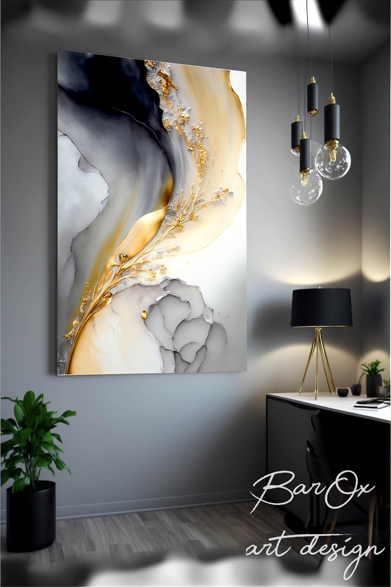 Gray Gold ALCOHOL FLUID Ink Floral Wall Art Printable LUXURY - Etsy