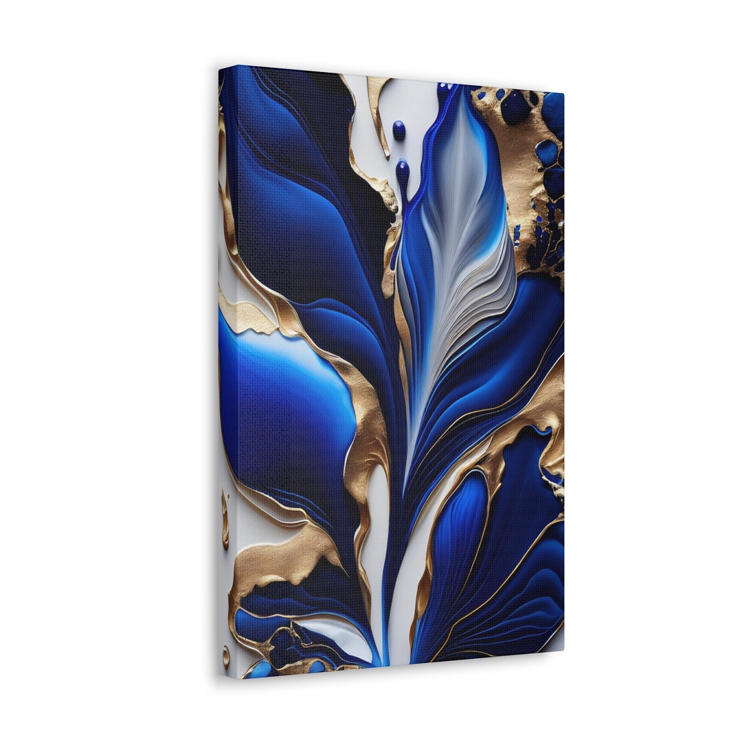 Royal Blue Gold Leaf Fluid Wall Art, Abstract Canvas Painting Print ...