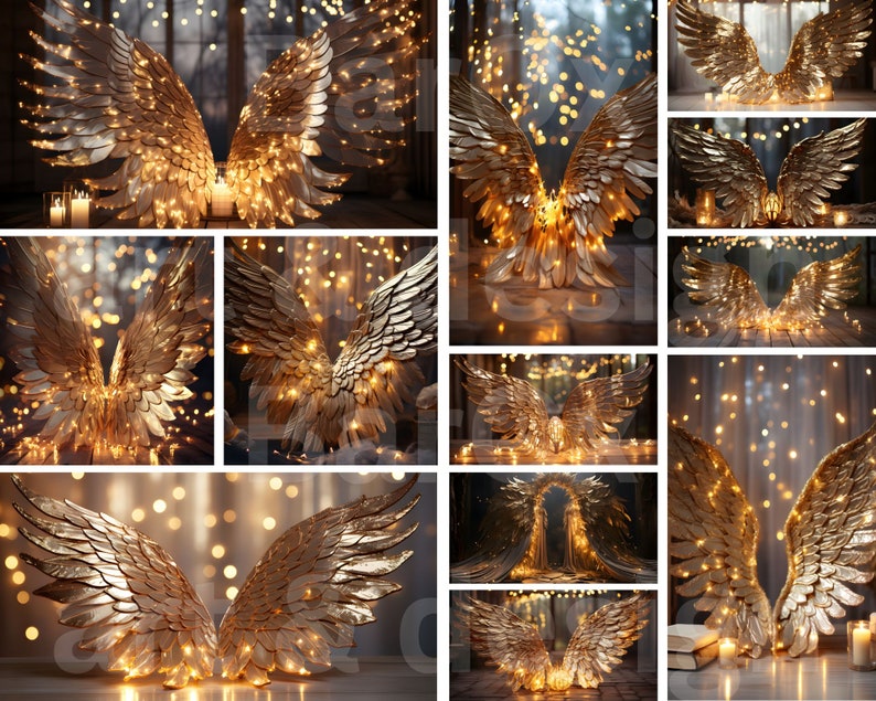 Gold Angel Wings Digital Backdrops, Bokeh Lights Overlays for Photoshop ...