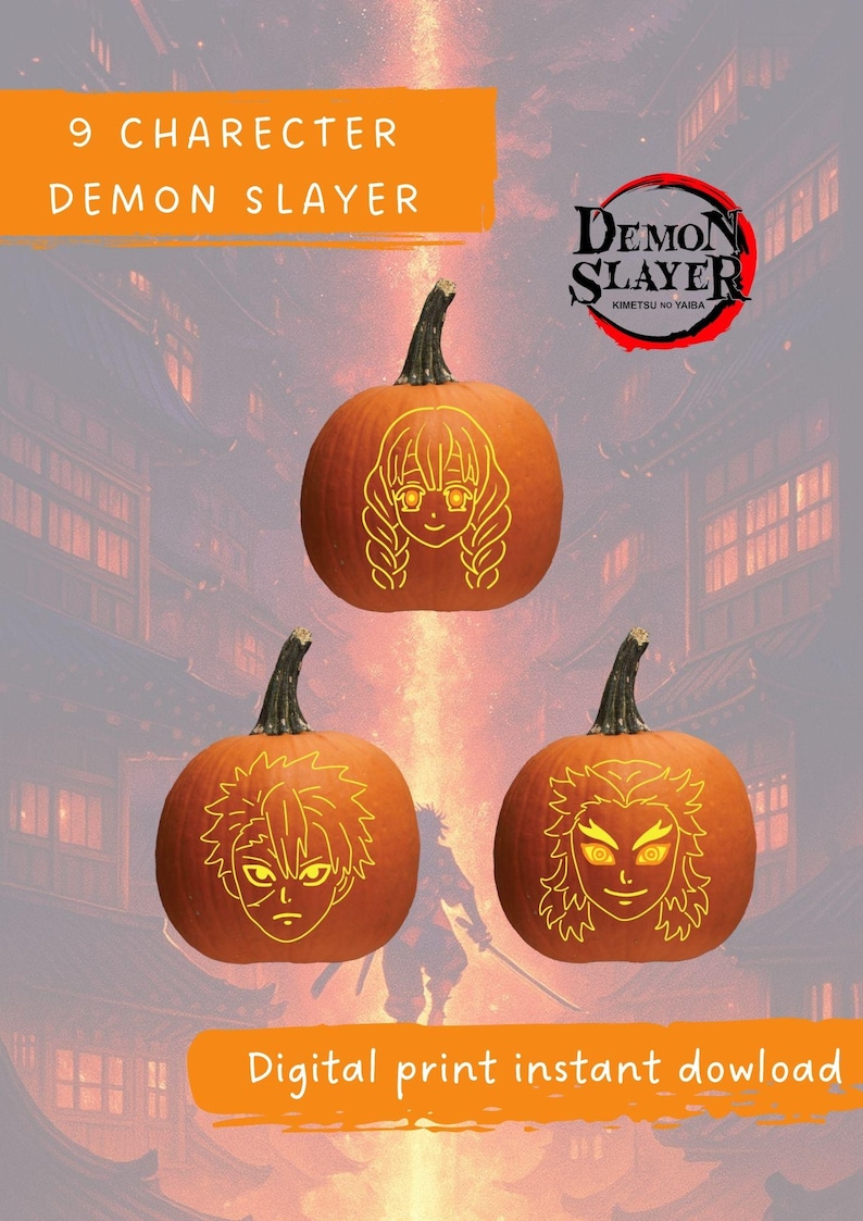 Demon Slayer Pumpkin Stencil Set | 9 Character Carving Templates ...