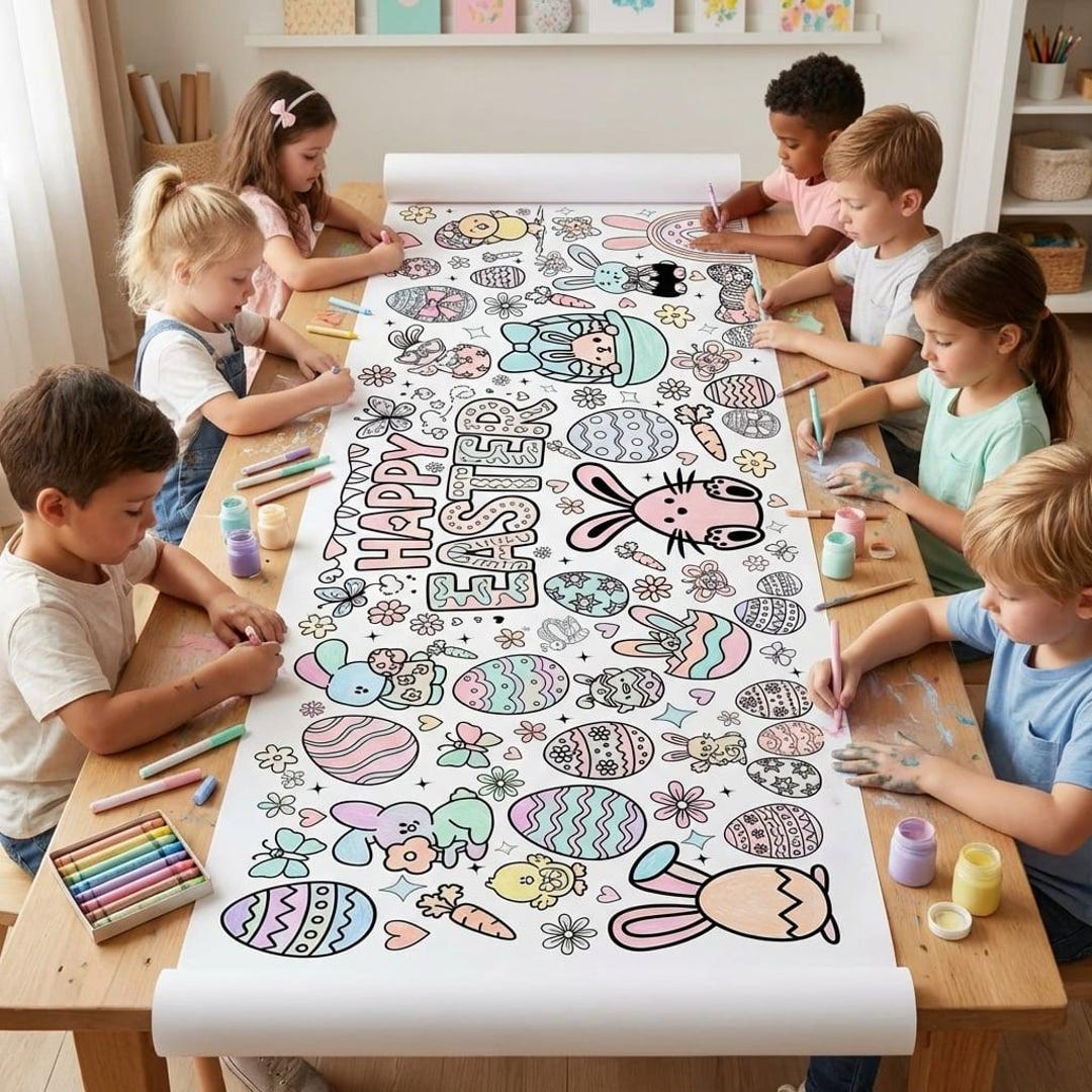 Easter Coloring Table Runner | Kids Activity Poster, Bunnies, Eggs ...