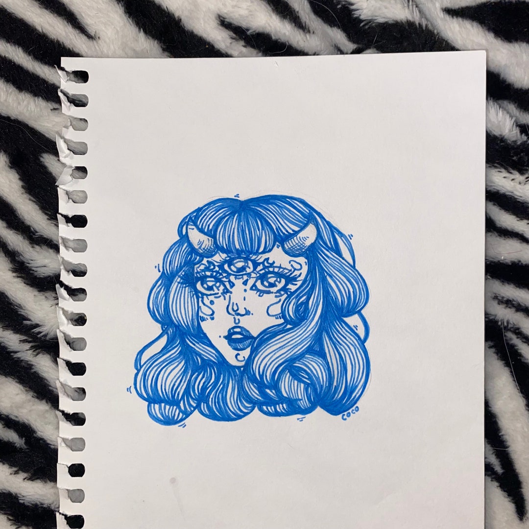 Original Art Trippy Third Eye Three Eyes Anime Girl Style Portrait Blue ...