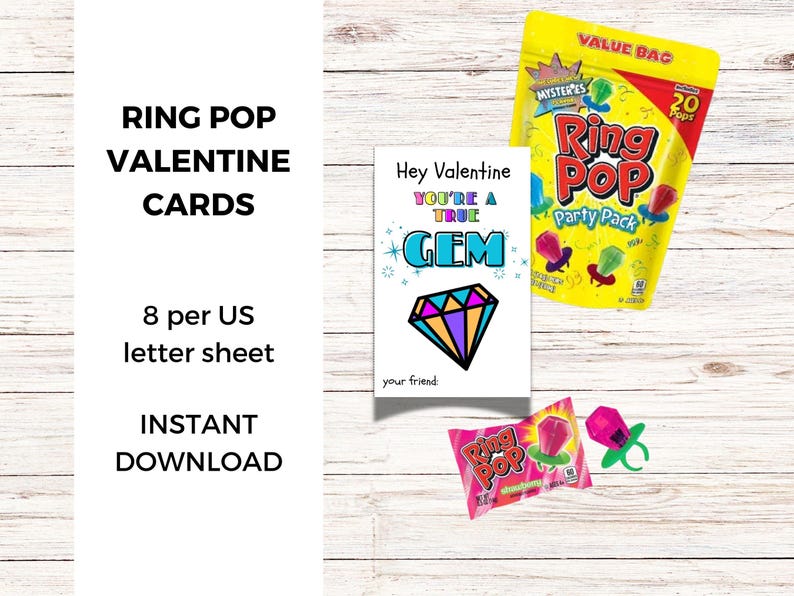 Ring Pop Valentine Cards – Printable Classroom Valentines (digital ...