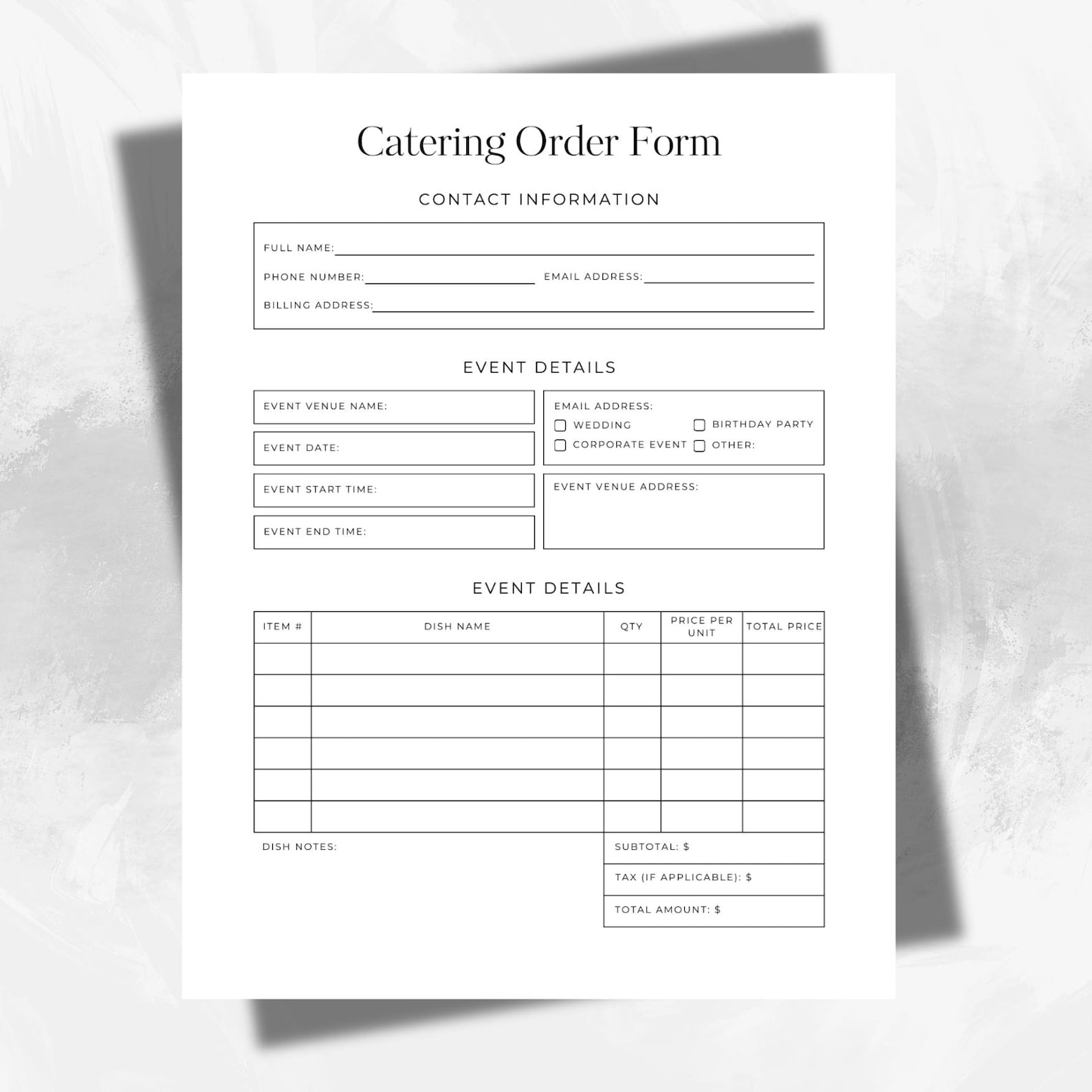 Catering Order Form Template | Editable Business Agreement PDF ...