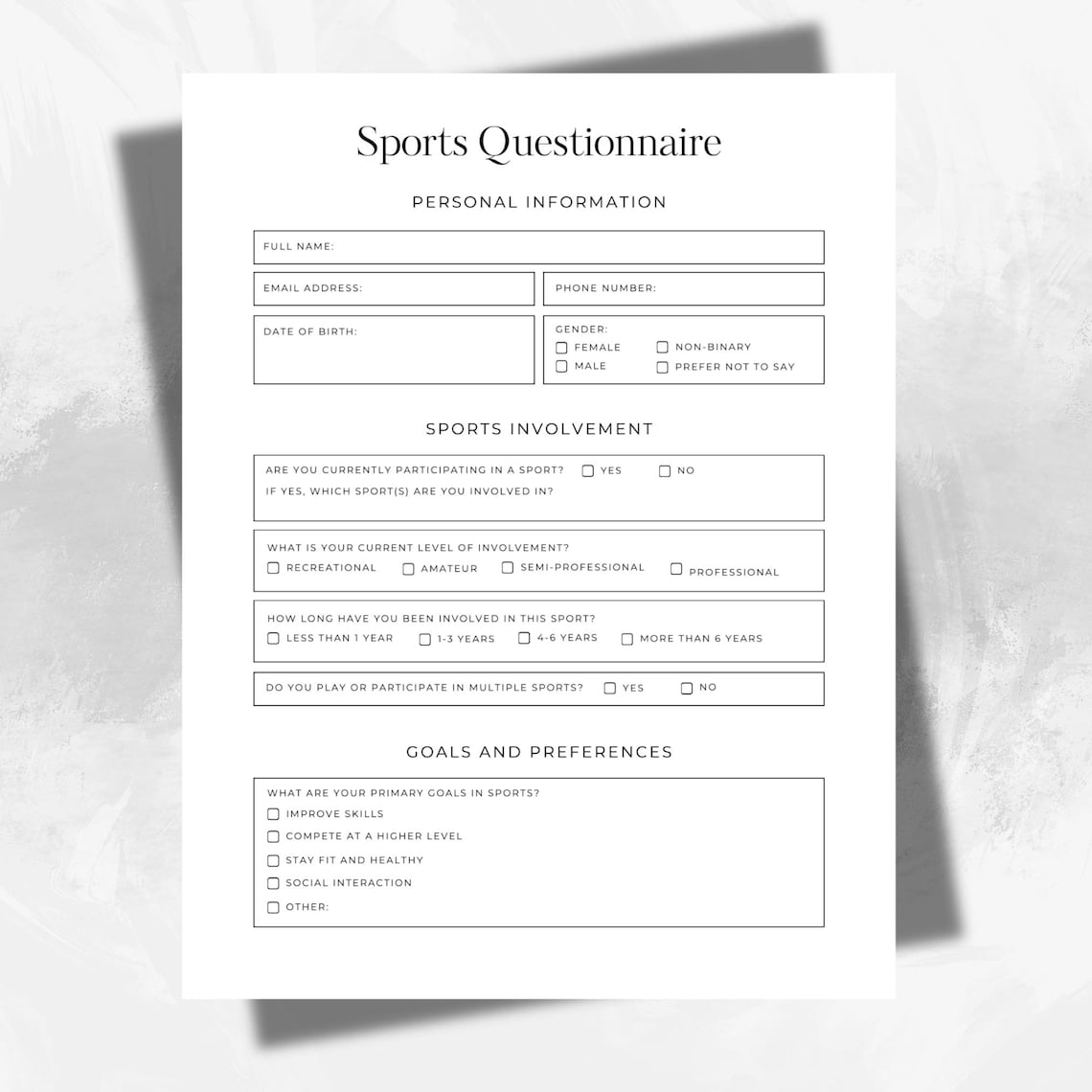 Sports Questionnaire Form Template | Editable Business Agreement PDF ...