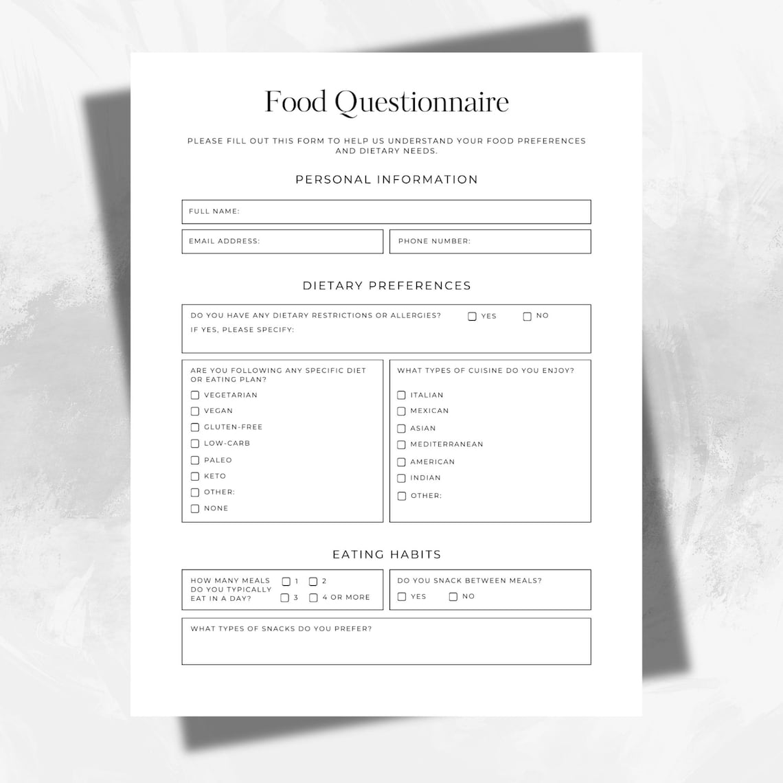 Food Questionnaire Form Template | Editable Business Agreement PDF ...