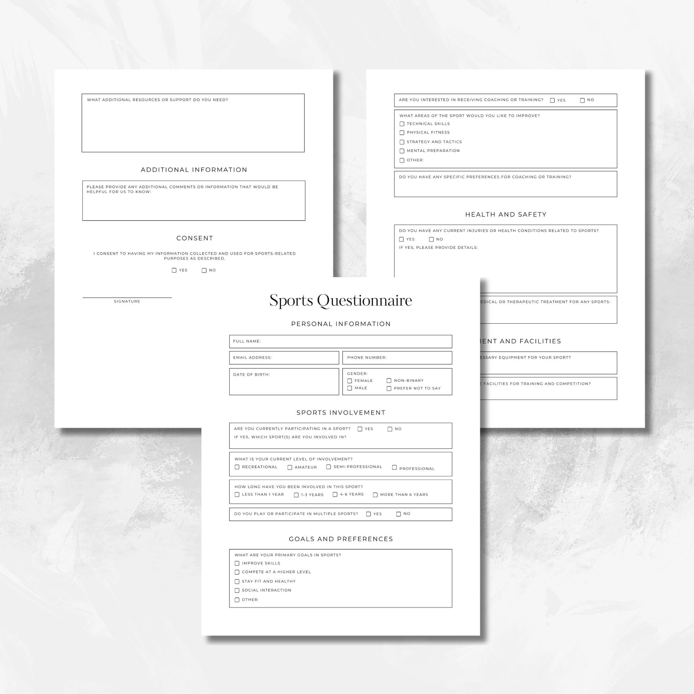 Sports Questionnaire Form Template | Editable Business Agreement PDF ...