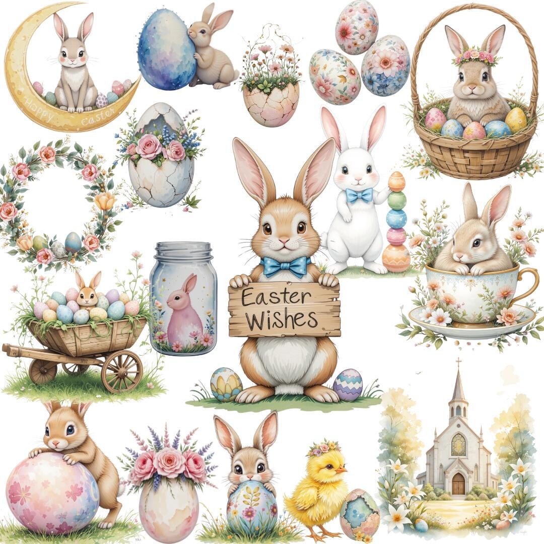 60 Watercolor Easter Bunnies Clipart, Bunny Girl PNG, Pink Bunnies ...