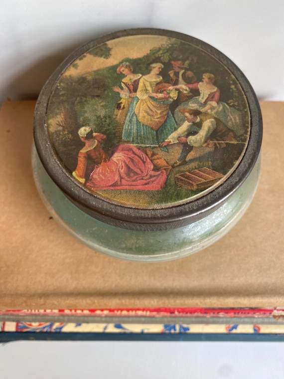Vintage Talcum Powder Glass Container Spring Scene - Gem