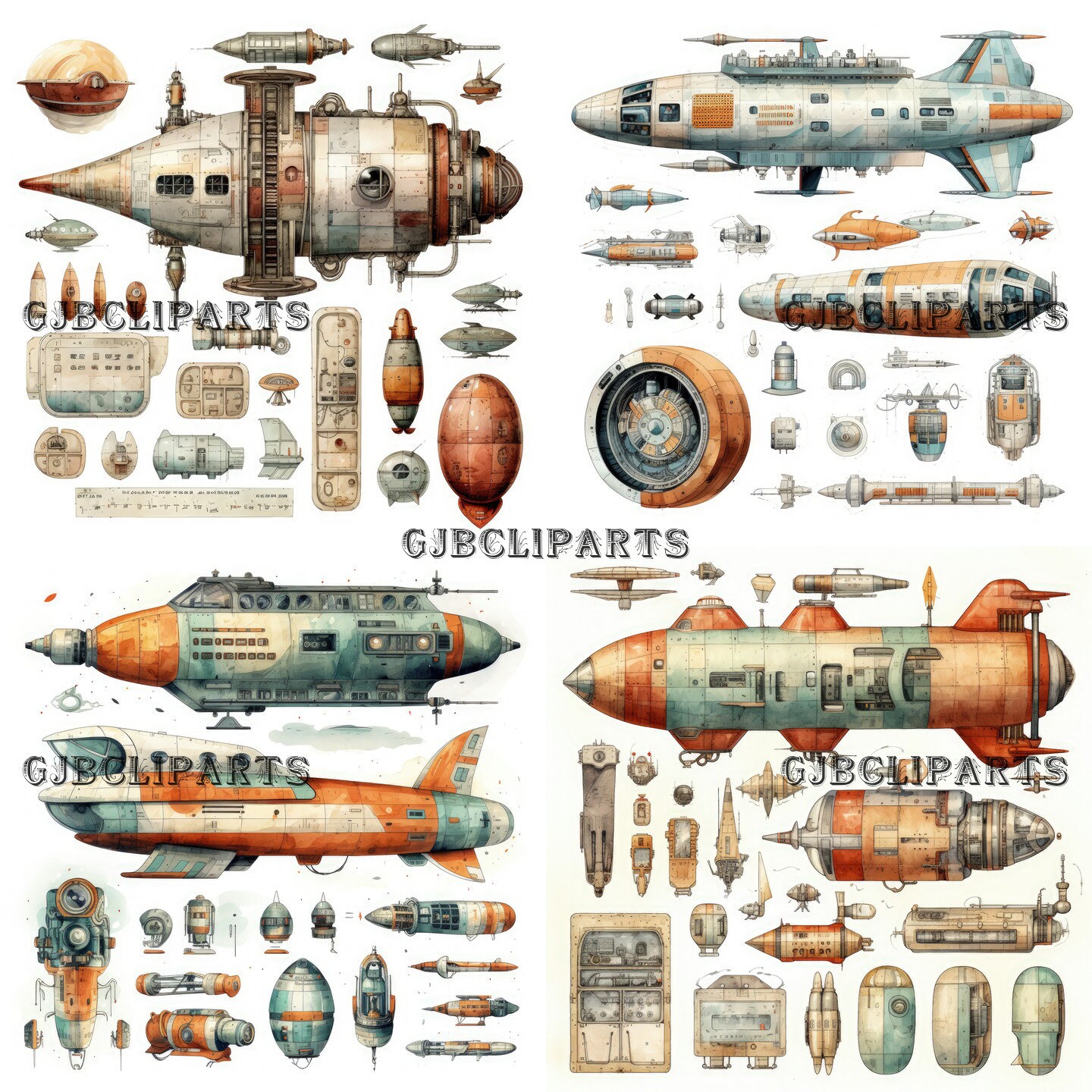 Vintage Spaceship Junk Journal Kit, Collection on White Background ...