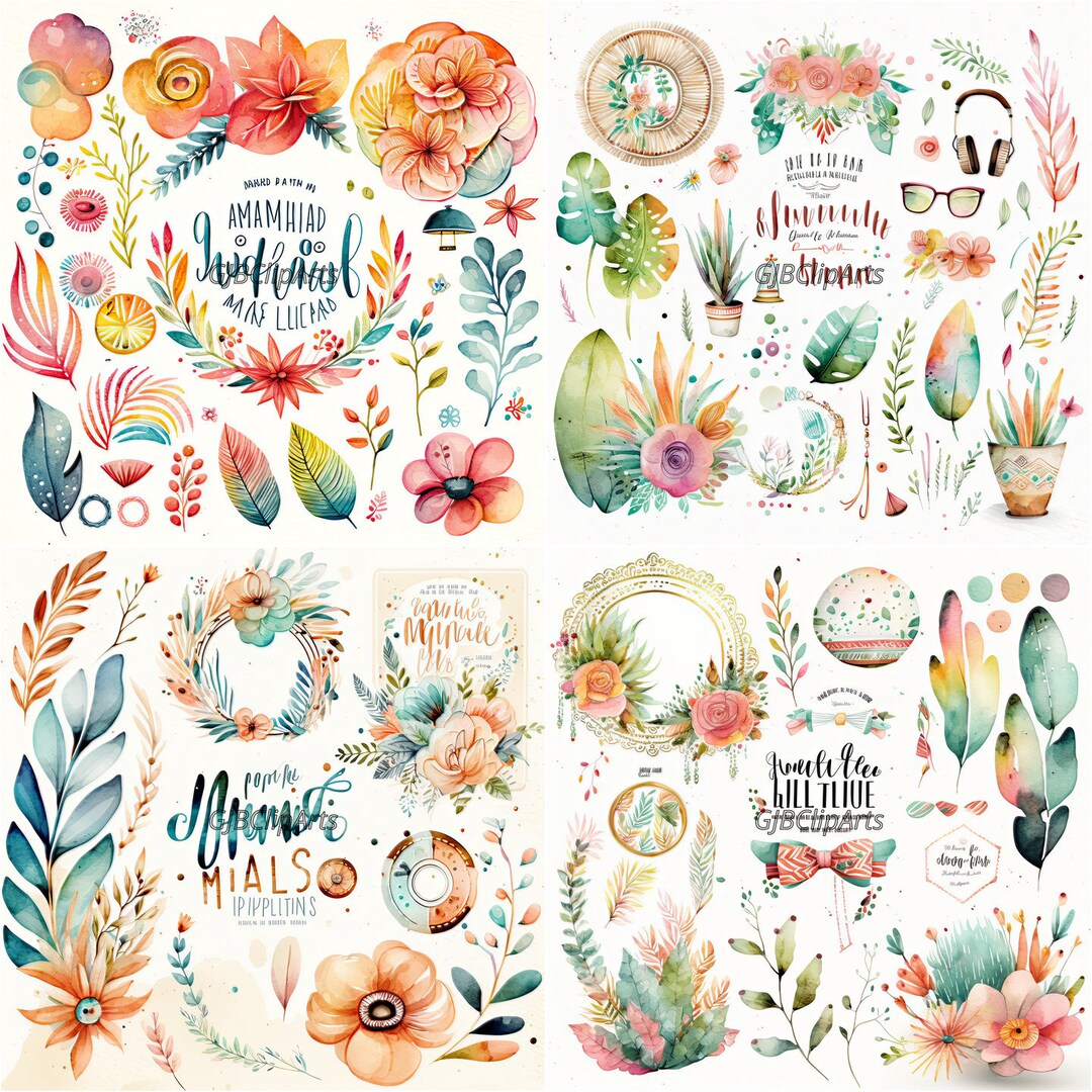 Versatile Retro Boho Watercolor Clip Art, Assorted Designs for Wall Art ...