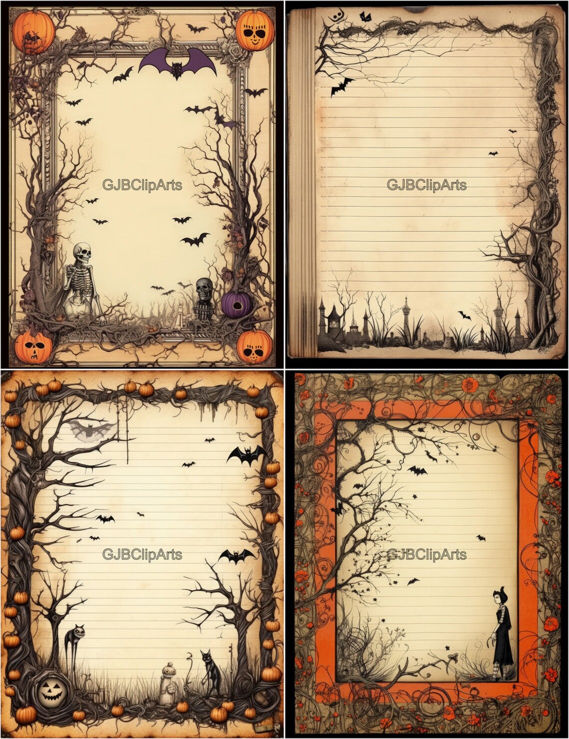 Halloween Lined Page Clipart Jack-o-lantern Clipart Bat - Etsy
