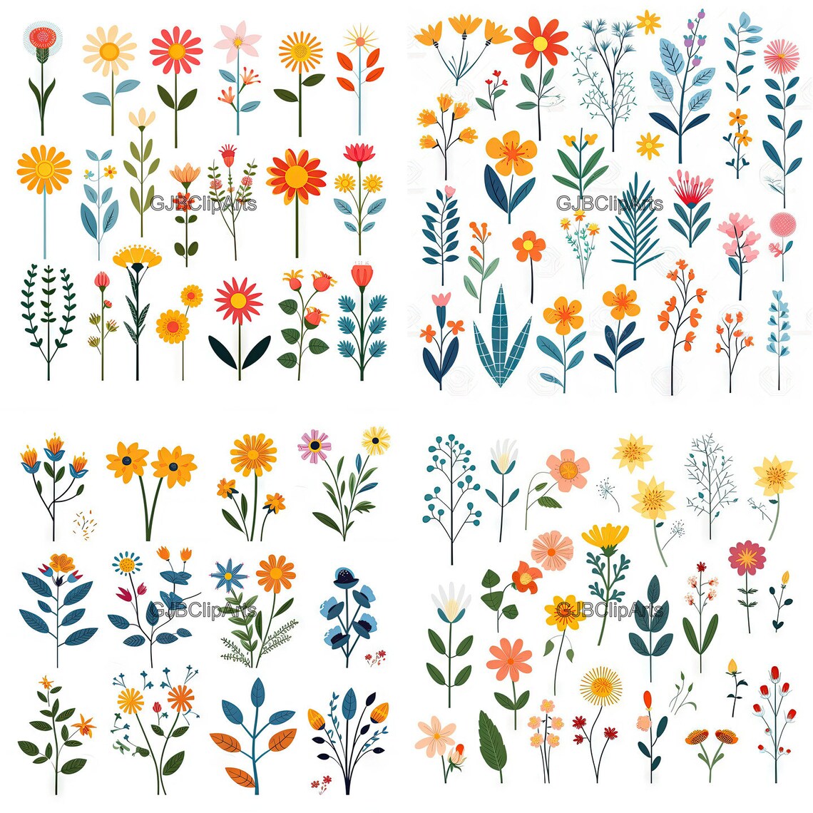 Flowers Flat Vector Clipart Digital Stickers, Digital Clipart ...