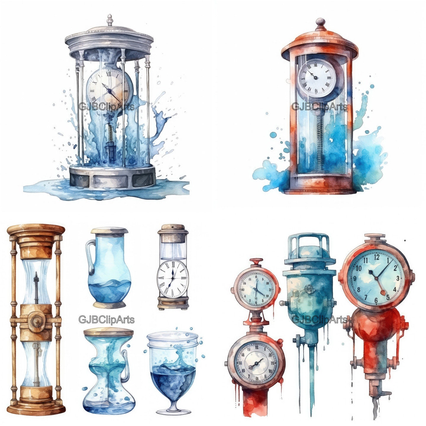 Water Clock Watercolor Clipart, Clock Clipart, Water Clipart, Scrapbook ...