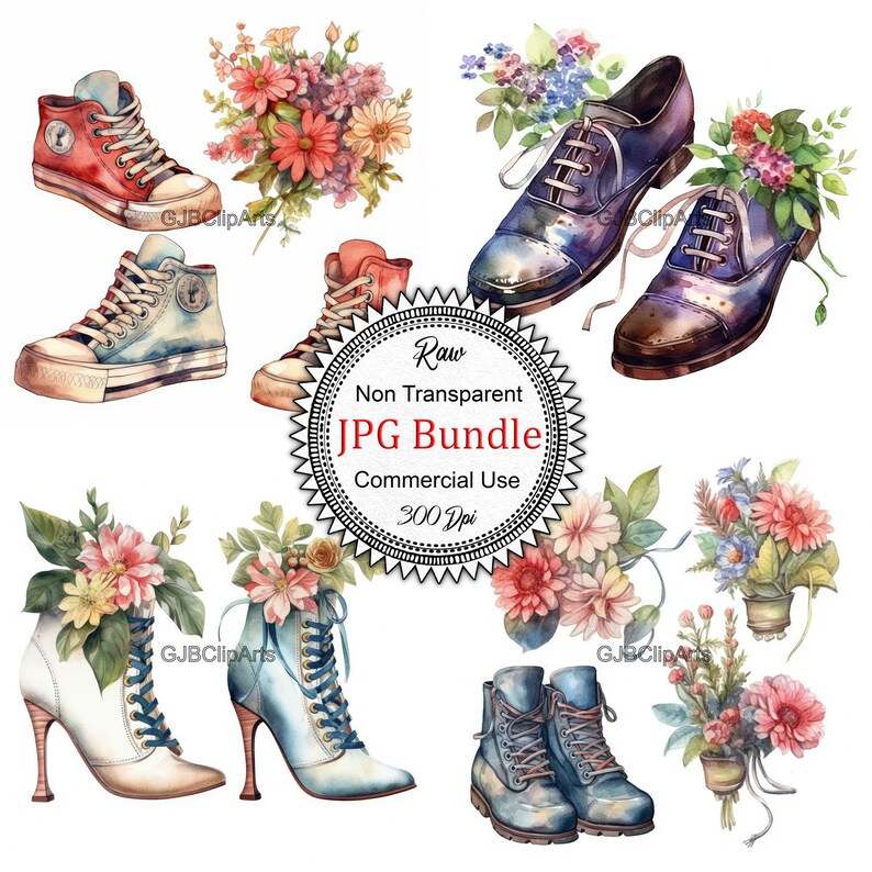 Vintage Shoes With Flower Watercolor Clipart, Shoe Clipart, Flower ...