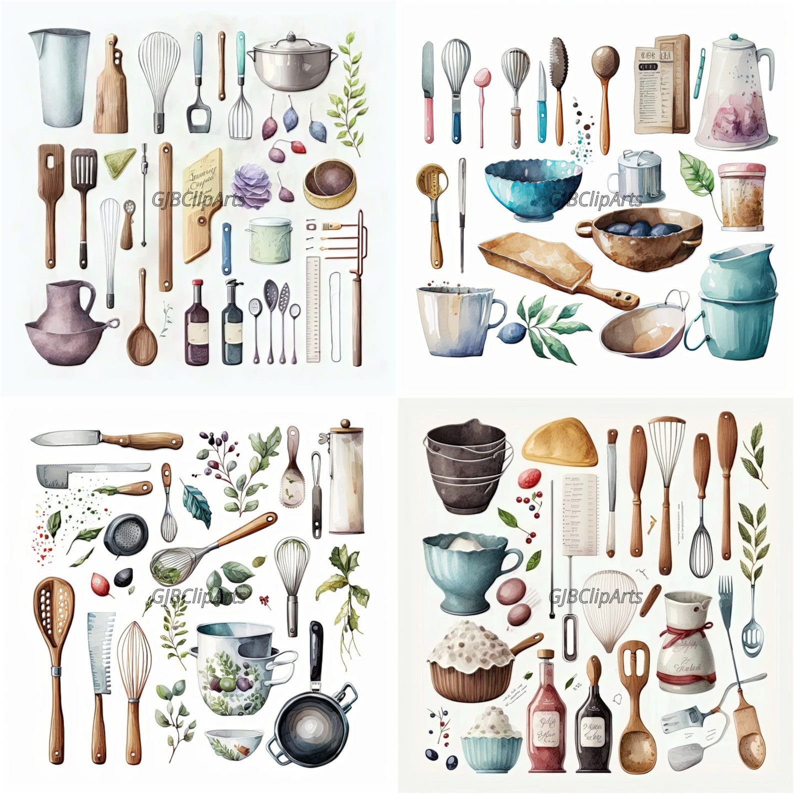 Charming Kitchen Tools Collection Clipart: Watercolor Utensils and ...