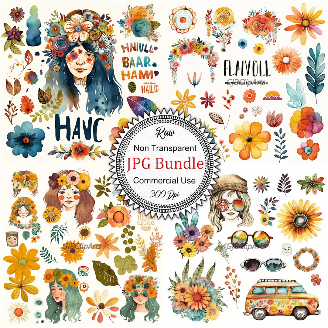 Vibrant Boho Retro Flower Power 1970s Watercolor Clip Art Collection ...