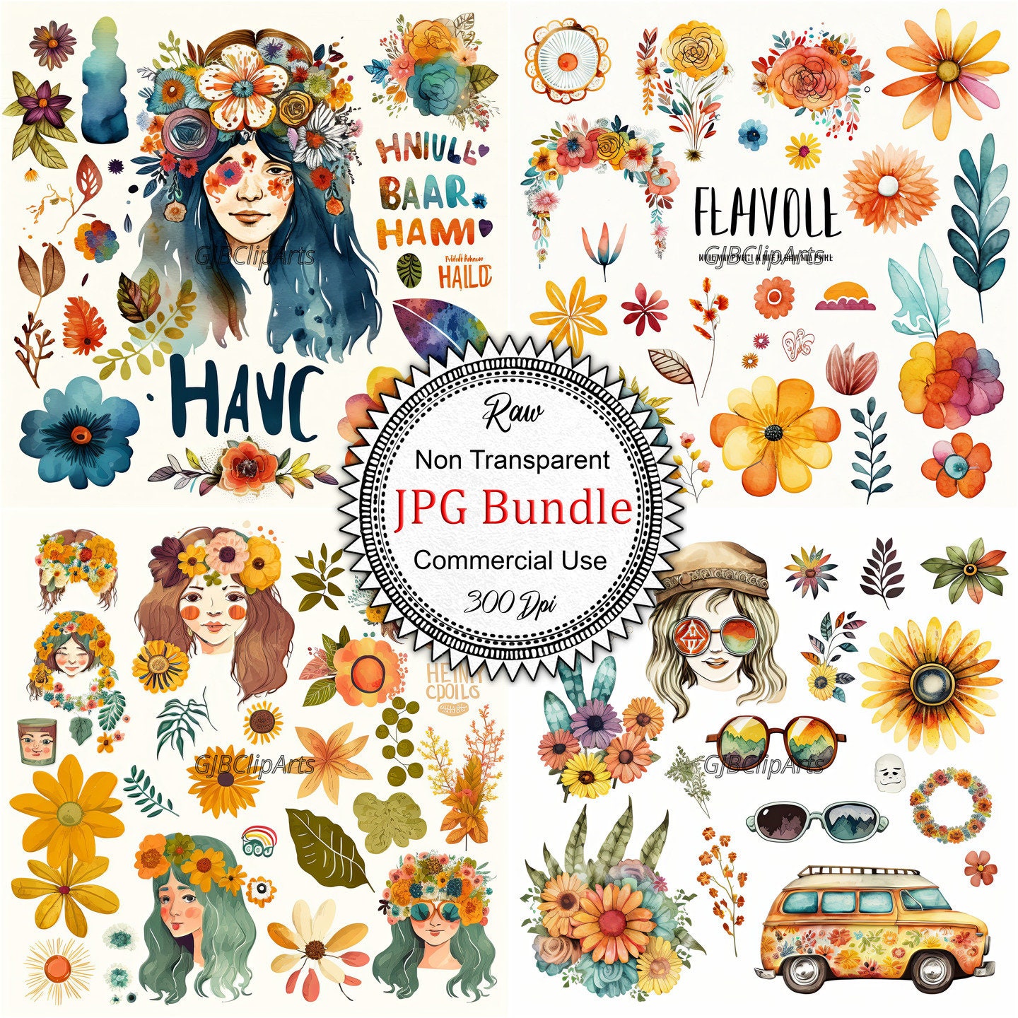 Vibrant Boho Retro Flower Power 1970s Watercolor Clip Art Collection ...