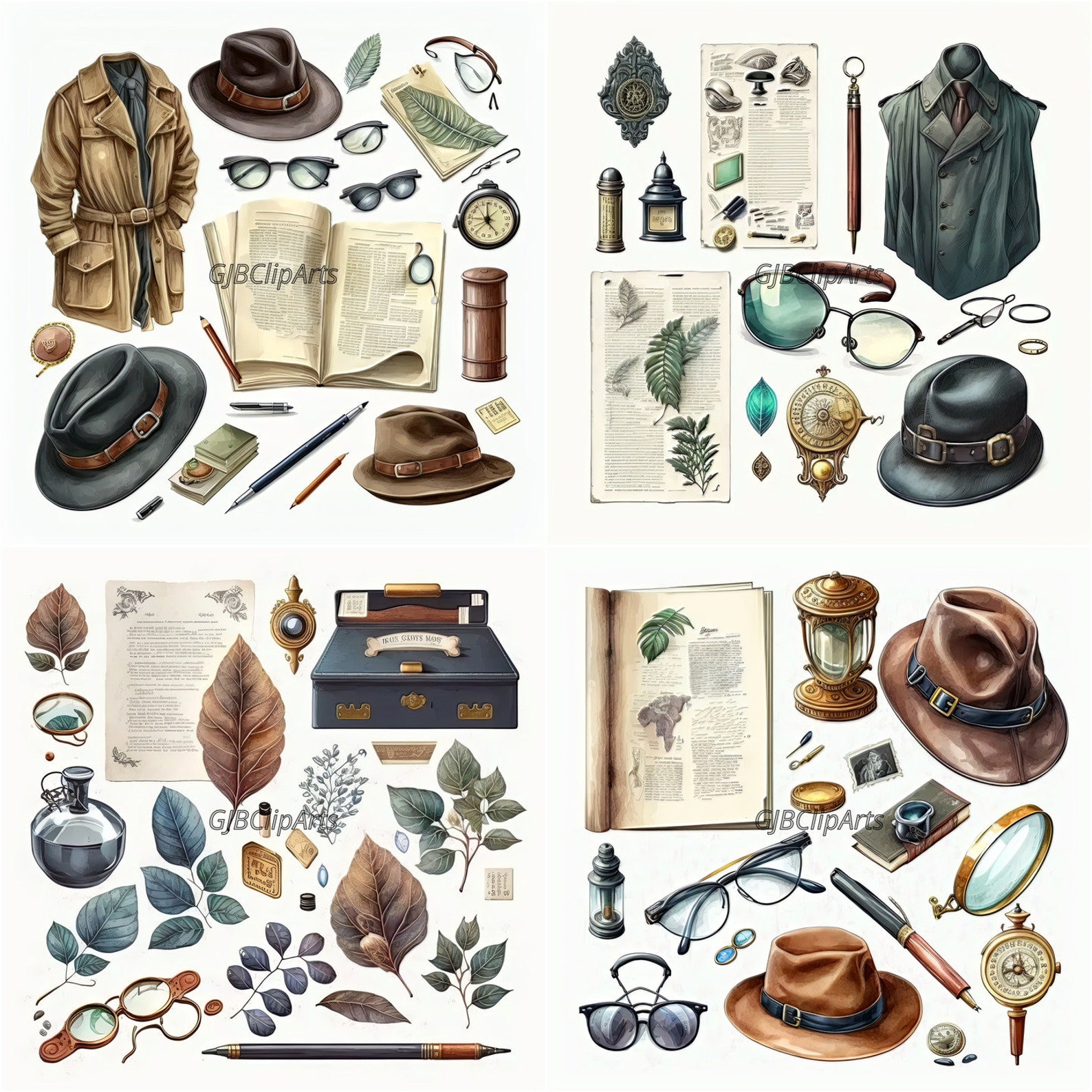 Intriguing Detective Room Collection Clipart: Watercolor Mystery-themed Elements, High-quality ...