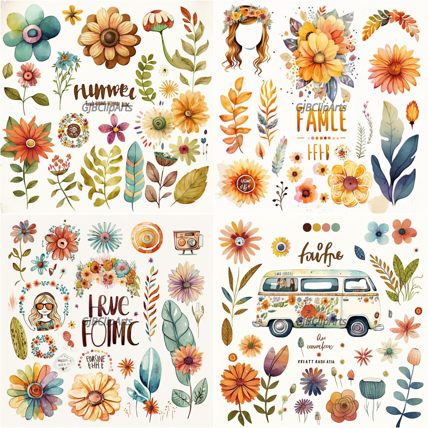 Vibrant Boho Retro Flower Power 1970s Watercolor Clip Art Collection ...