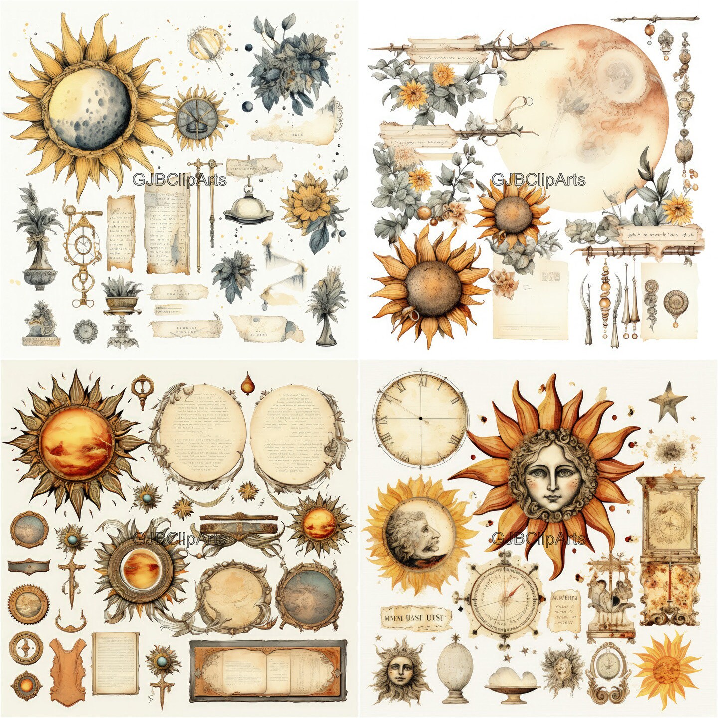 Vintage Sun and Moon Junk Journal Kit Clipart, Sun Clipart Moon Clipart ...