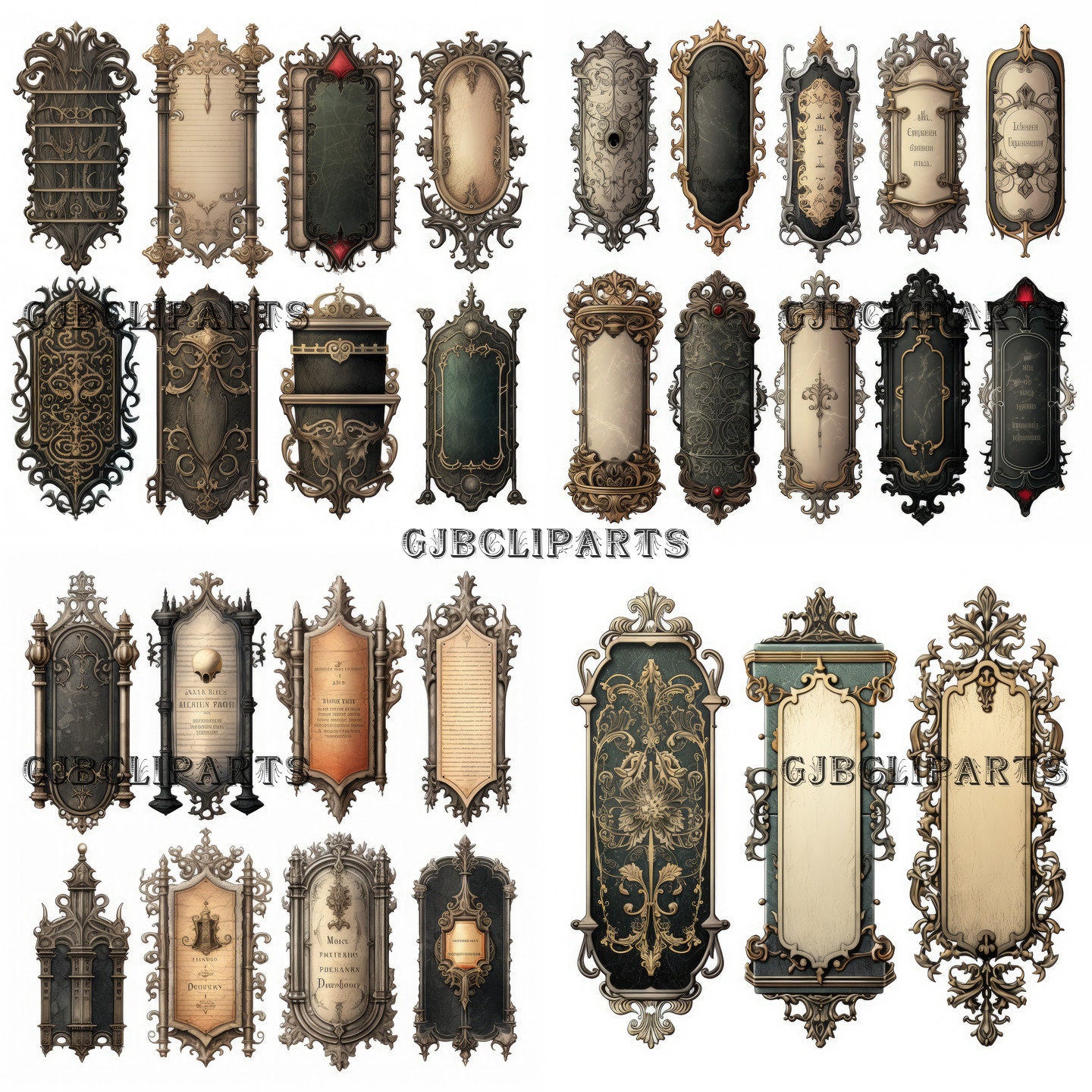 Gothic Clipart Tall Ornate Labels, Junk Journal Book Vintage Clipart ...