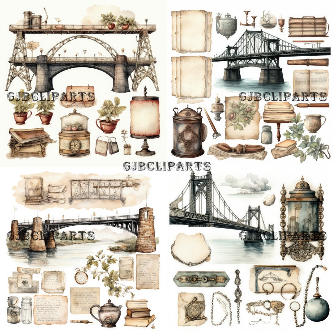 Vintage Bridge Junk Journal Kit, Collection on White Background ...