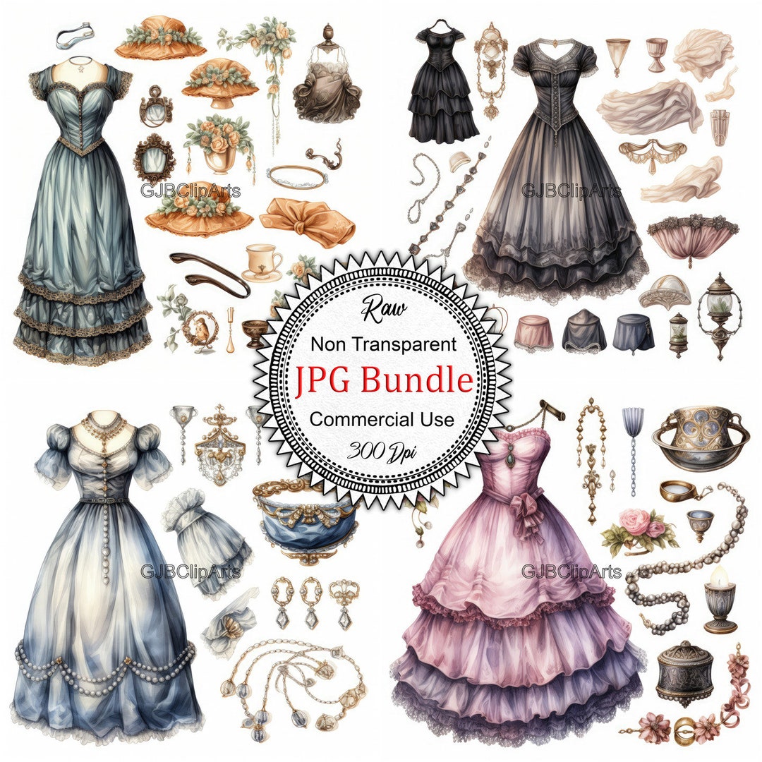 Classic Victorian Dress and Accessories Clipart, Victorian Fashion ...