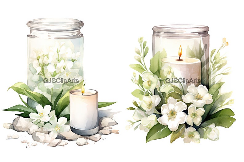White Jar Candle Clipart Bundle, White Flowers Surroundings Clipart ...